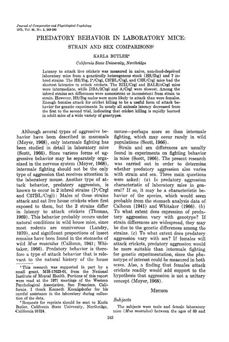 Predatory Behavior In Laboratory Mice Strain And Sex Comparisons