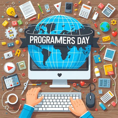 World Programmers Day A Poster Of A Computer With A World Of Diagrams And A Globe On It