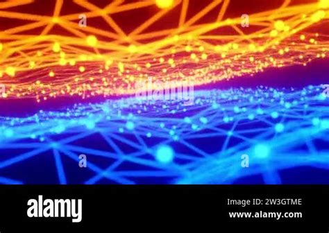 abstract flying through orange blue glowing digital data tunnel made of digital nodes and