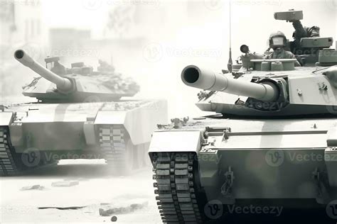 Ai Generated Group Of Main Battle Tanks With A City On Fire On The