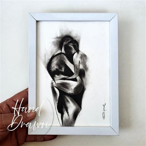 Embracing Nude Couple Charcoal Drawing Original Figurative Art