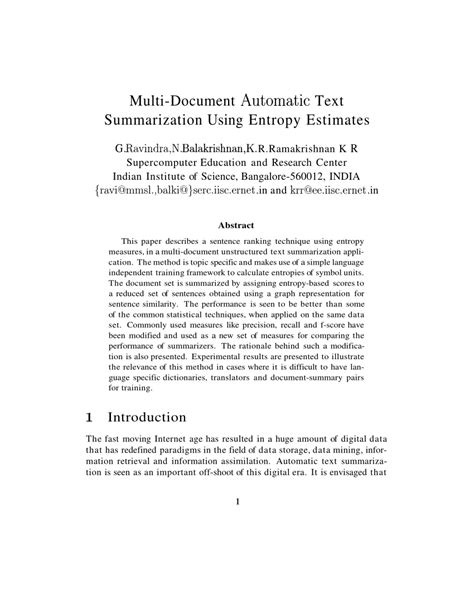 PDF Multi Document Automatic Text Summarization Using Entropy Estimates