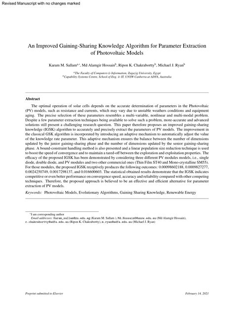 Pdf An Improved Gaining Sharing Knowledge Algorithm For Parameter Extraction Of Photovoltaic