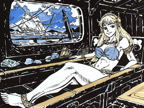 아름다운 인어가 나무 요트의 좌석에 기대어 있고 창문은 바다 유리로 만들어졌습니다