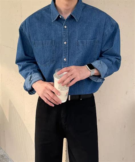 남친룩베스트 올데이 세미 오버핏 더블 포켓 데님 셔츠 남성 청남방 연청 진청 6069 에이블리