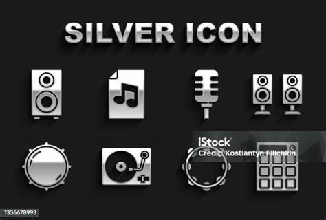 비닐 디스크 스테레오 스피커 드럼 머신 탬버린 다이얼 노브 레벨 마이크 음악 책 노트 아이콘으로 비닐 플레이어를 설정합니다 벡터 검은색에 대한 스톡 벡터 아트 및 기타