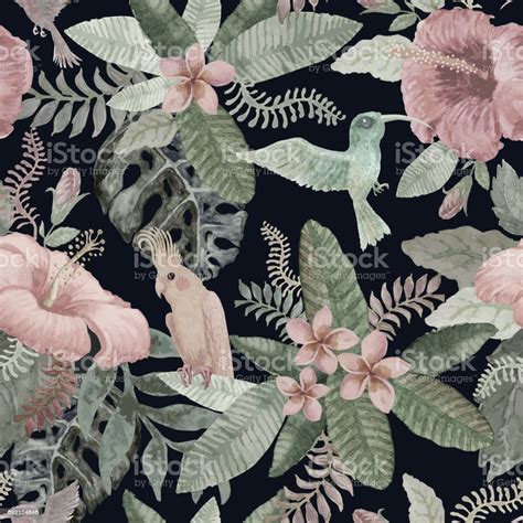 수채화 그림 완벽 한 실버 컬러 꽃 패턴 손에서 어두운 검은색에 붉은 히 비 스커 스 호주 노란 앵무새 코렐라 이국적인 작은 핑크 Plumeria 꽃과 환상의 열 대 녹색