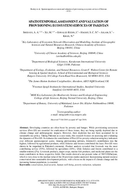 Pdf Spatiotemporal Assessment And Valuation Of Provisioning Ecosystem Services Of Pakistan