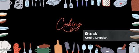 수평 배너의 주방 용품 세라믹 접시 머그잔 컵 와인 잔 프라이팬 체 소쿠리 요리 장갑 강철 강판 롤링 핀 가정 생활에 대한 스톡