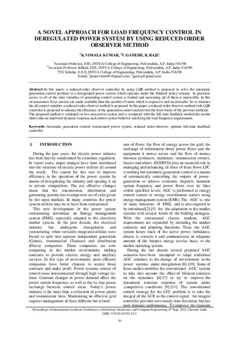 Pdf A Novel Approach For Load Frequency Control In Deregulated Power System By Using Reduced
