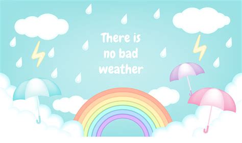 밝고 다채로운 아이들은 구름 무지개 빗방울 우산이 있는 비오는 날의 벡터 3d 그림입니다 광고 날씨 배너 쿠폰 전단지 포스터