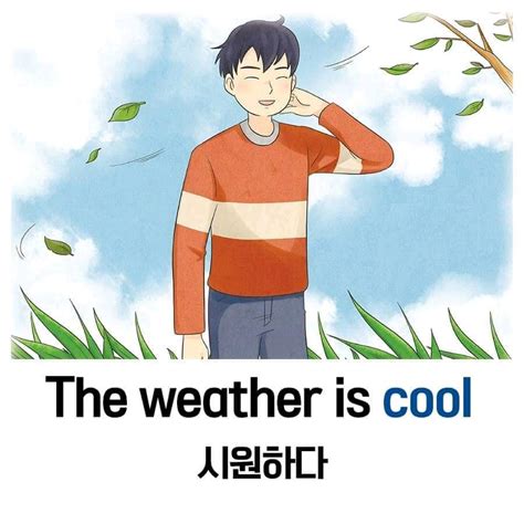 시원해요 더워요 비가 오네요 날씨가 나쁘네요 비가 그쳤어요 구름이 많네요 바람이 불어요 날씨가 좋네요 눈이 와요