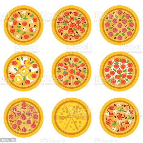 다른 재료와 함께 맛 있는 피자를 만화 전통적인 이탈리아 요리 또는 패스트 푸드 개념 포스터 전단지 카페 피자 메뉴에 대 한 평면 벡터 0명에 대한 스톡 벡터 아트 및 기타