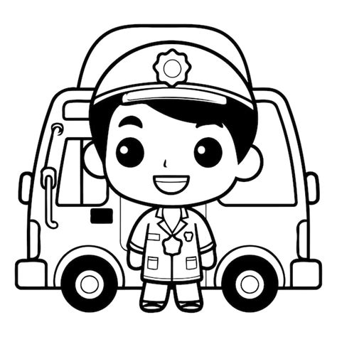 구급차를 운전하는 경찰 유니폼을 입은 귀여운 소년 터 일러스트레이션 프리미엄 벡터