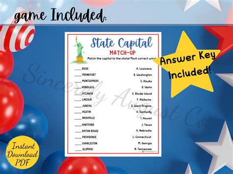 Fourth Of July State Capital Match Game July 4th Party Game