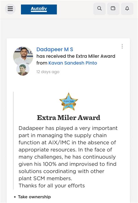 Dadapeer Syed On Linkedin Extra Miler Award From Plant Head Appreciationpost