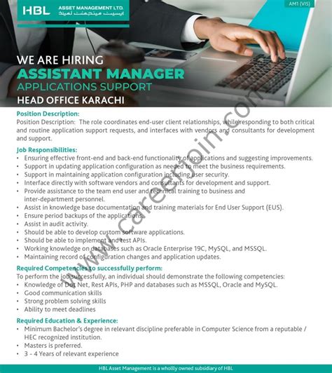Hbl Asset Management Ltd Jobs Assistant Manager Applications Support