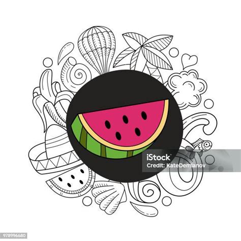 만화 손으로 그려진된 포스터 개별 요소로 구성 된입니다 여름 나머지 바다 나머지입니다 벡터 선형 만화 스타일의 일러스트입니다 개체 그룹에 대한 스톡 벡터 아트 및 기타