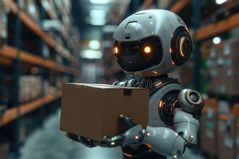 Humanoid Robot With Box In Hands In Warehouse Stock Illustration Illustration Of Intelligence