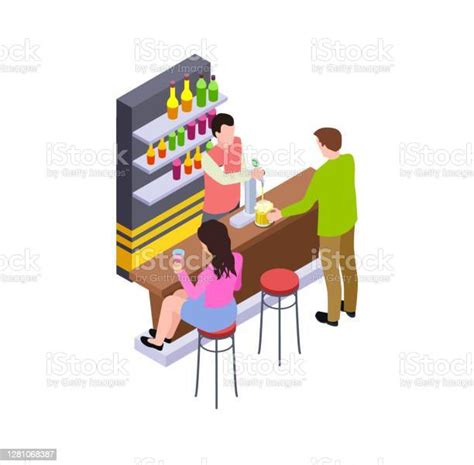 나이트 바 와인 맥주 한 잔을 가진 남자 와인을 마시는 여자 바텐더는 음료를 흘리고 있다 Isomentric 바 카운터 클럽