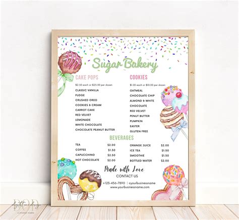 Cake Pop Price List Template Editable Bakery Price List Printable