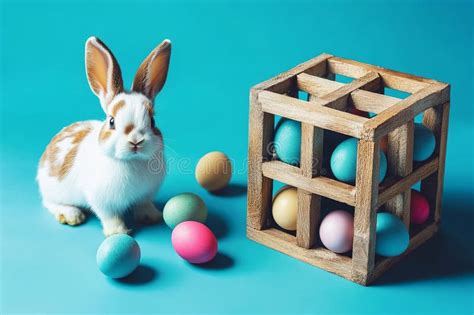 Cute Rabbit Next To Vibrant Easter Eggs In A Wooden Crate On A Bright Blue Background