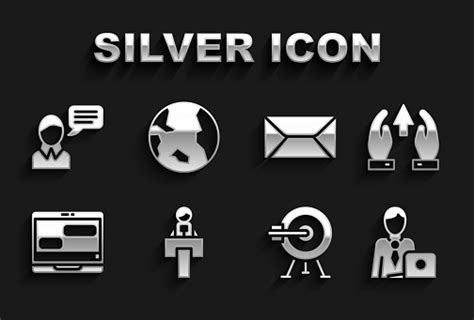 무대 스탠드 또는 트리뷴 성장 차트 진행률 사업가 화살표가 있는 대상 노트북의 채팅 메시지 봉투 말풍선 채팅 및 지구 지구