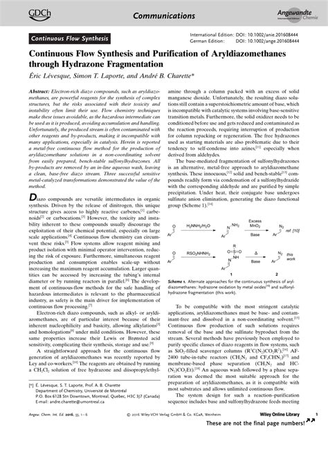 Pdf Continuous Flow Synthesis And Purification Of Aryldiazomethanes Through Hydrazone