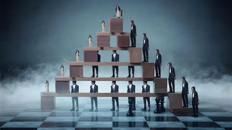 Premium Photo Business Hierarchy Concept With Figures On Pyramid Of Wooden Blocks On Foggy And