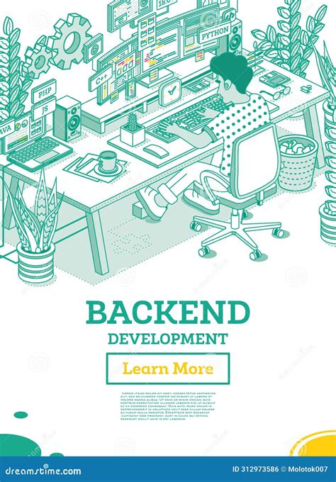 Backend Development On Computer Working Programmer Sit On Chair With Wheels In Front Of Curved