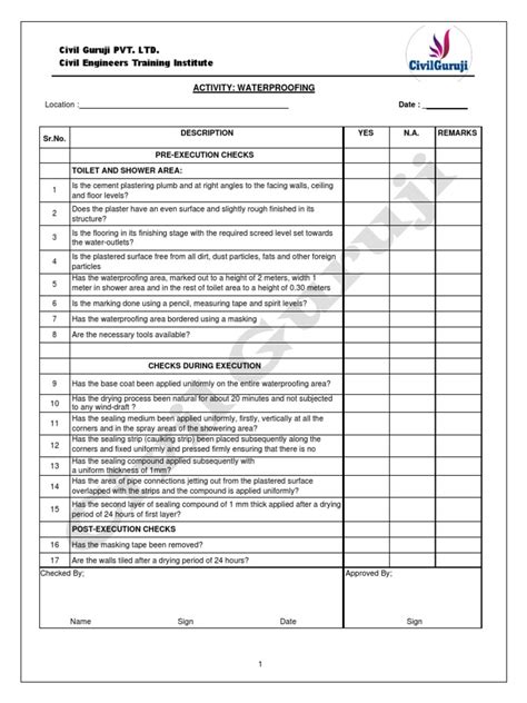 Checklist For Water Proofing Pdf Industrial Processes Building