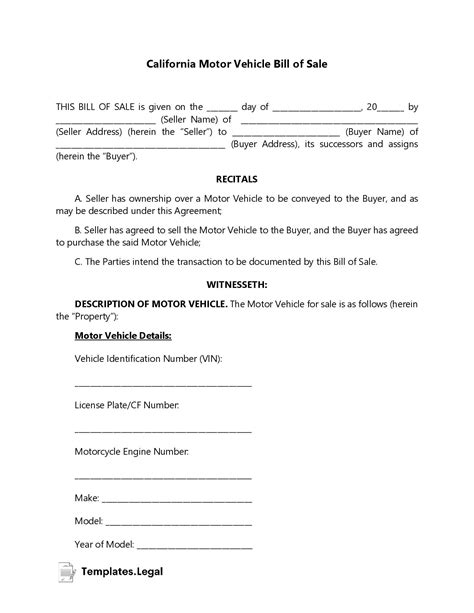 California Bill Of Sale Templates Free Word Pdf Odt