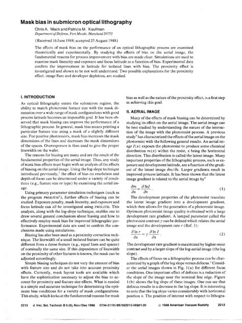1988 13 Mask Bias In Submicron Optical Lithography Pdf
