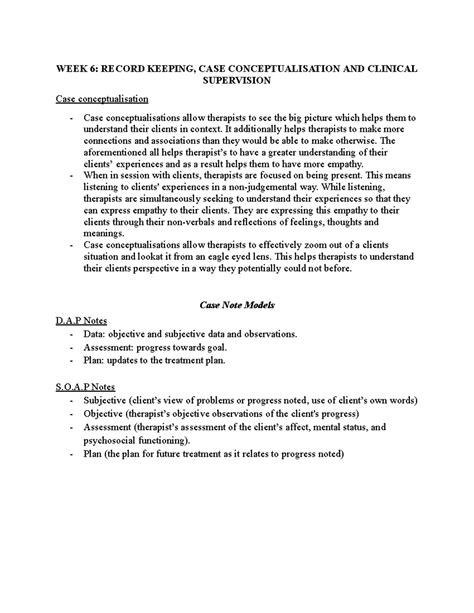 Cou362 Week 6 Record Keeping Case Conceptualisation And Clinical Supervision Notes Week 6
