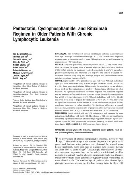 Pdf Pentostatin Cyclophosphamide And Rituximab Regimen In Older