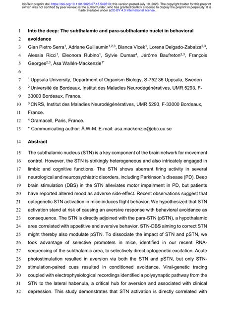 Pdf Into The Deep The Subthalamic And Para Subthalamic Nuclei In Behavioral Avoidance