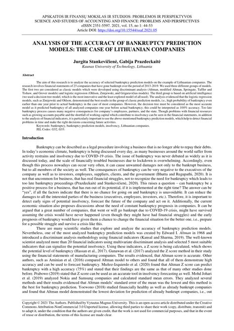 Pdf Analysis Of The Accuracy Of Bankruptcy Prediction Models The Case Of Lithuanian Companies