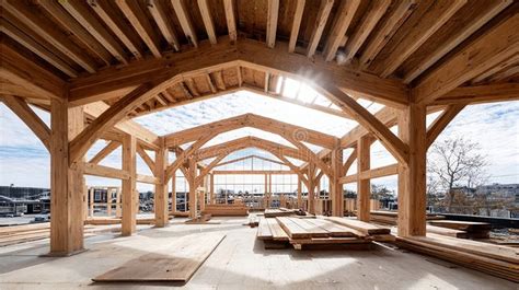 Timber Frame Structure Under Construction Showcasing Modern