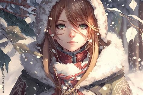 Beautiful Red Haired Anime Girl With Parka And Snow Representing The