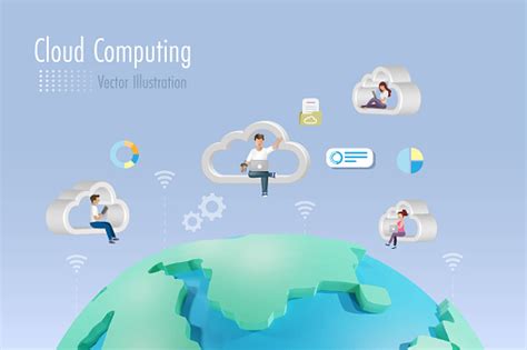 클라우드 컴퓨팅 글로벌 무선 기술 전 세계의 클라우드 컴퓨팅 네트워크를 통해 컴퓨터와 스마트폰 간에 디지털 폴더 및 파일 데이터를 작업하고 공유하는 사람들의 그룹입니다 벡터