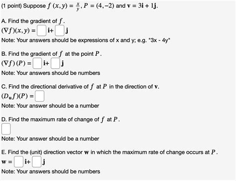 Solved 1 Point Suppose Fxyyxp4−2 And V3i1j A