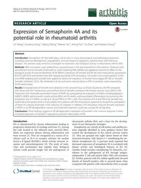 Pdf Expression Of Semaphorin 4a And Its Potential Role In Rheumatoid Arthritis