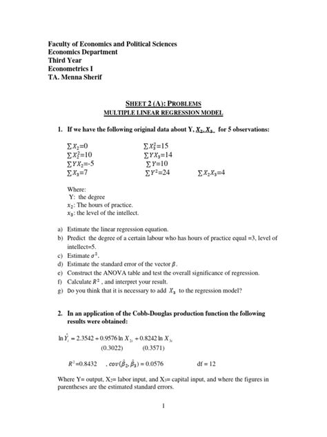 Econometrics Sheet 2a Mr 2024 Pdf Errors And Residuals Linear Regression