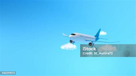 구름이 있는 파란색 배경에 비행기를 날고 있다 여행 광고 휴가 항공 운송의 3d 개념 구름이 있는 비행기 푸른 하늘에 제트기 3d 렌더링 3d 그림입니다 3차원 형태에 대한