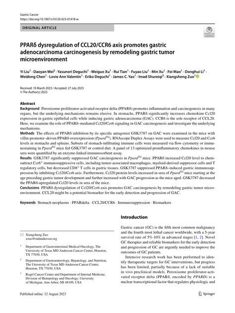 Pdf Pparδ Dysregulation Of Ccl20ccr6 Axis Promotes Gastric Adenocarcinoma Carcinogenesis By