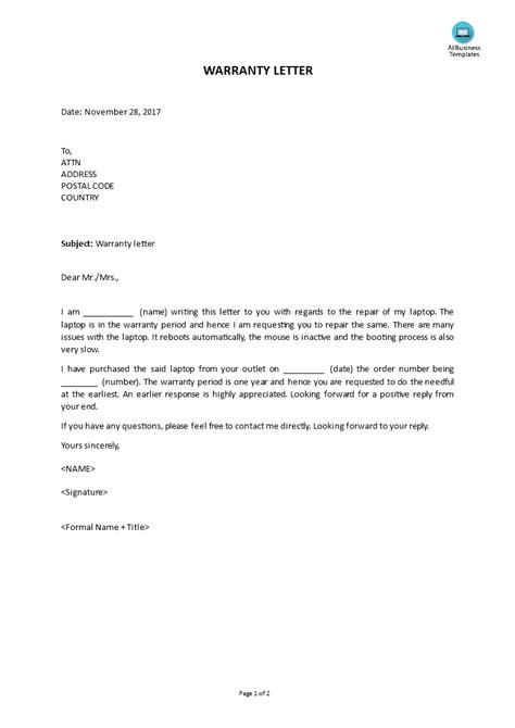 Warranty Letter Templates At