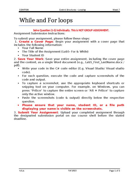 Lab For While Loops Assignment While And For Loops Solve Question 1 5 Individually This Is
