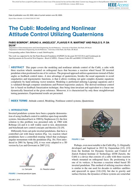 Pdf The Cubli Modeling And Nonlinear Attitude Control Utilizing