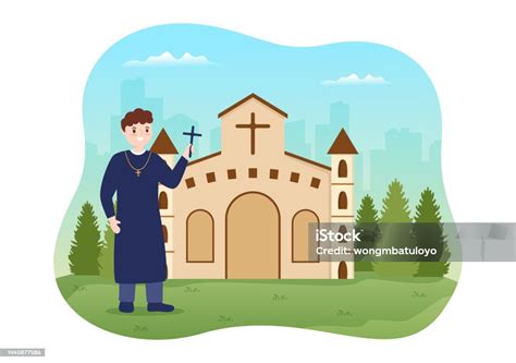 강단에서 카삭으로 하나님의 설교를 하는 목사와 평면 만화 손으로 그린 템플릿 일러스트레이션에서 세례를 베푸는 목사 건물 정면에 대한 스톡 벡터 아트 및 기타 이미지 Istock