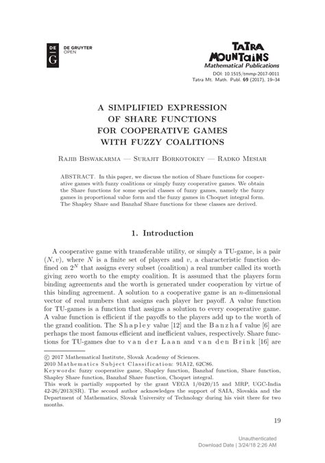 Pdf A Simplified Expression Of Share Functions For Cooperative Games